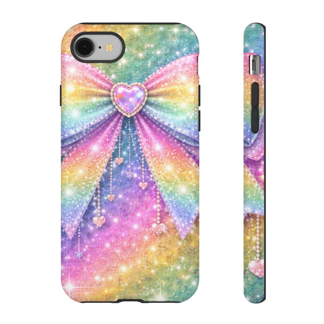 Rainbow Heart Bow Phone Case | Pastel Glitter Kawaii Rainbow Sparkle - Etsy