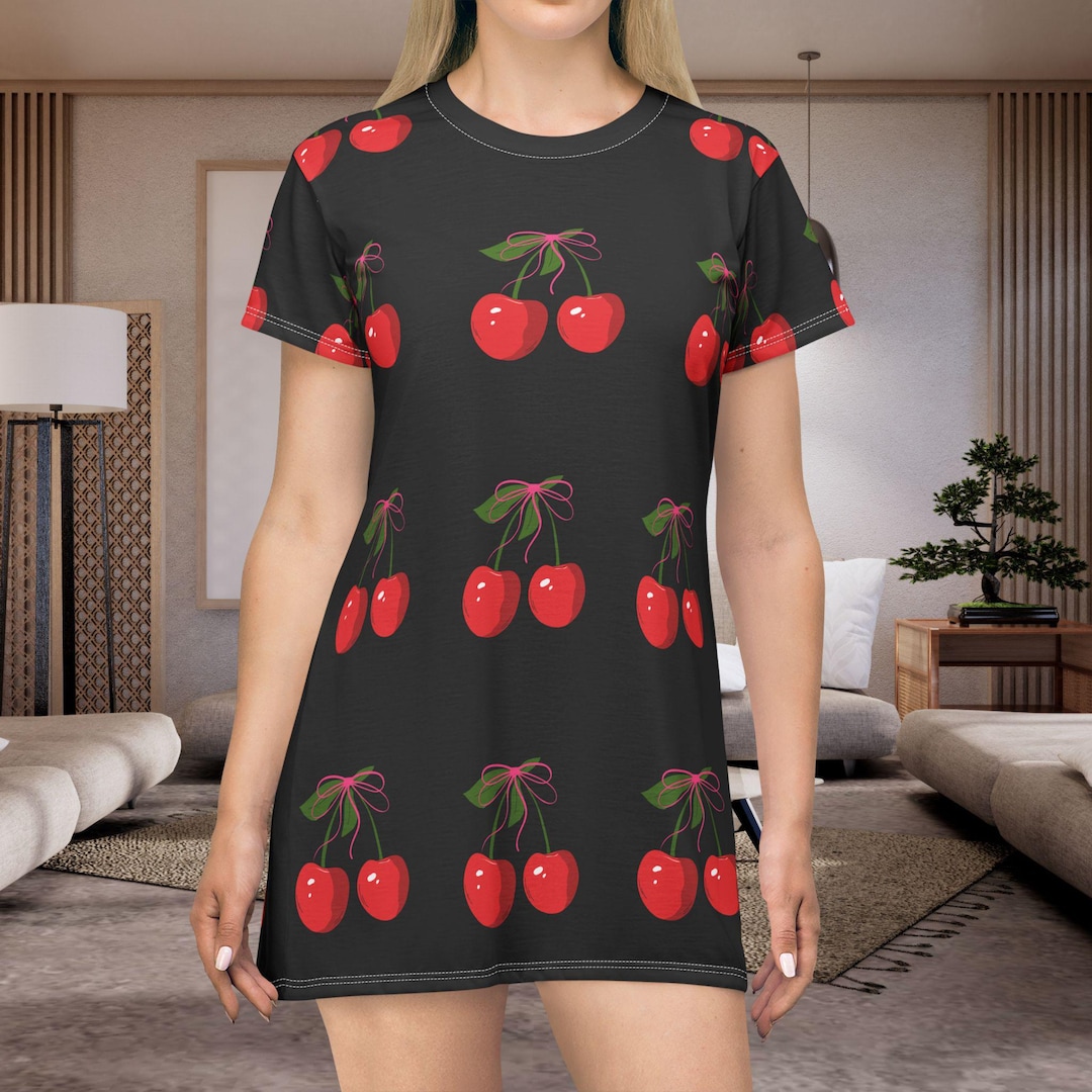 Cherry Bow T-shirt Dress, AOP Tee Dress, Cherry Print Tunic, Cute ...