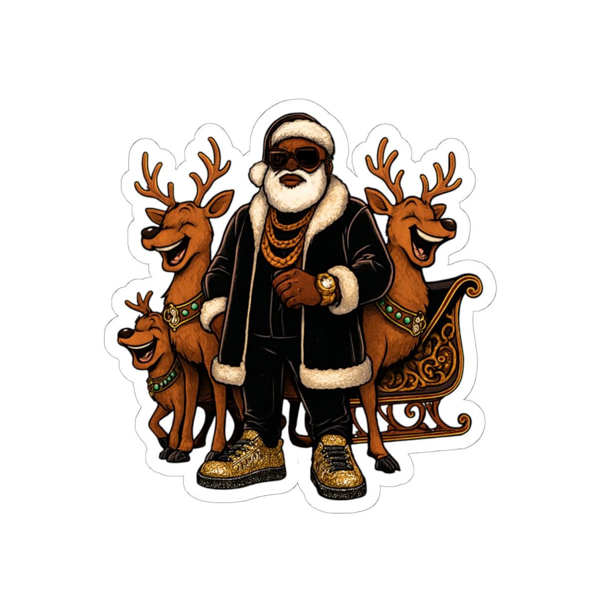 Hip Hop Santa With Reindeer Kiss-cut Sticker | Christmas Holiday Decal ...