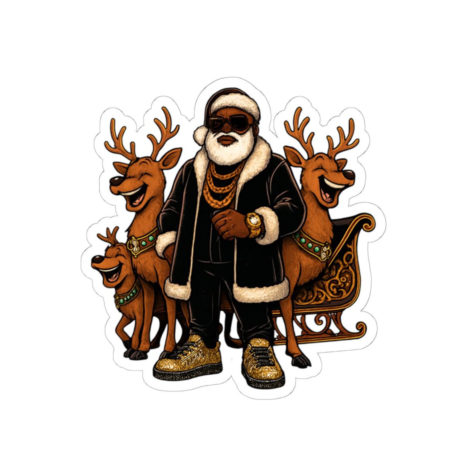 Hip Hop Santa With Reindeer Kiss-cut Sticker | Christmas Holiday Decal ...