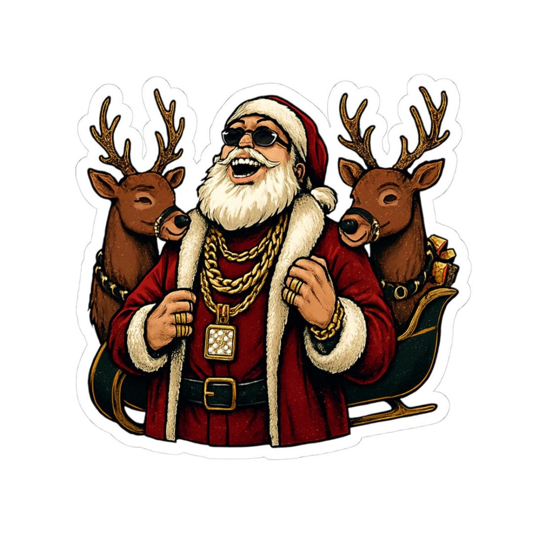 Hip Hop Santa With Reindeer Sticker | Kiss-cut Christmas Sticker - Etsy