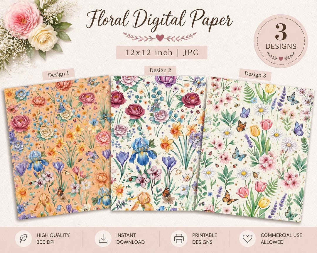 Spring Floral Digital Paper Pack, Vintage Botanical Patterns, Seamless ...