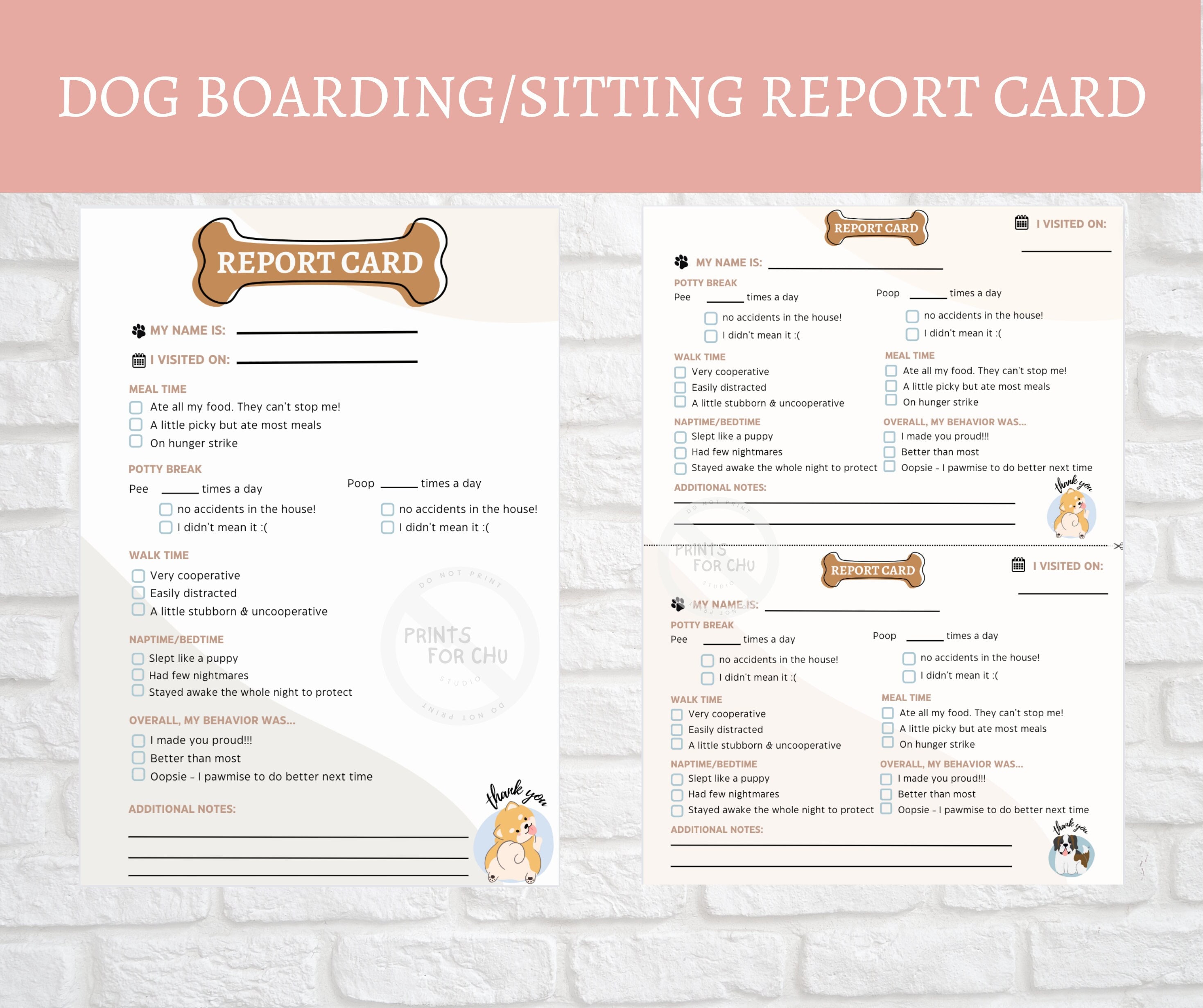 Dog Boarding/sitting Report Card Template - Etsy
