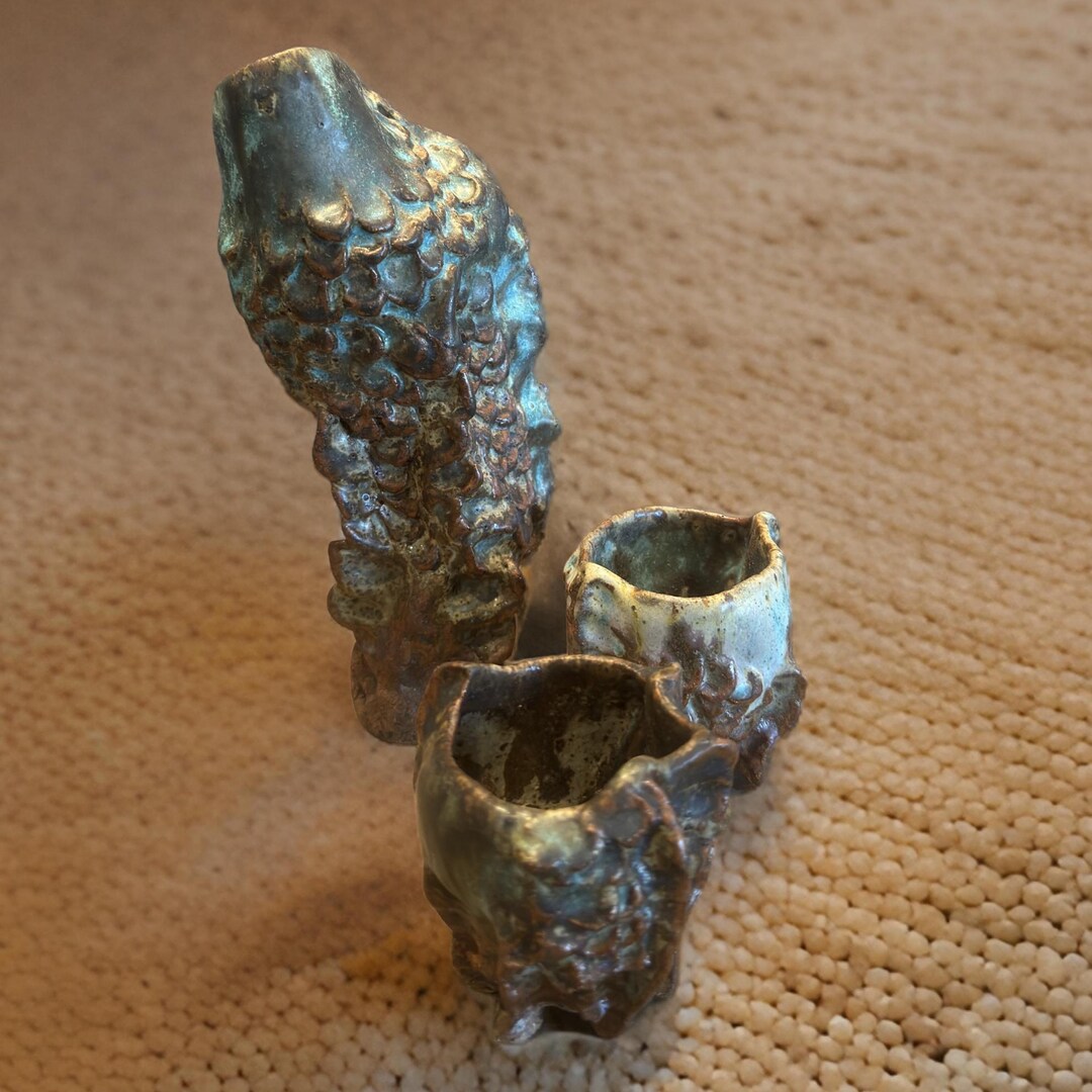 Handmade Ceramic Fish Sake Set: Turquoise Bronze Bottle & Cups - Etsy
