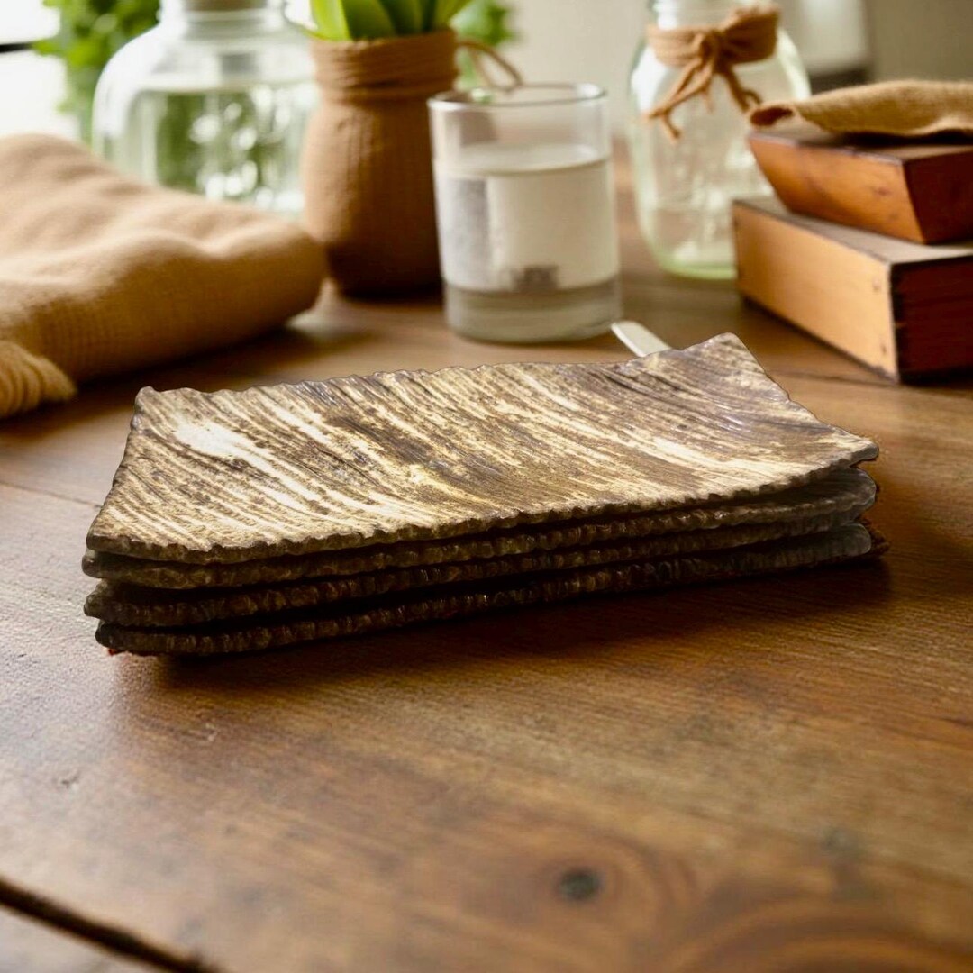 Handmade Rectangular Ceramic Plates – Rustic Woodgrain Texture, Earthy ...