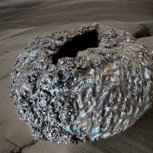 Hand-built Art Ceramic /dark Brown/turquoise/ Seashell Rustic Textures ...