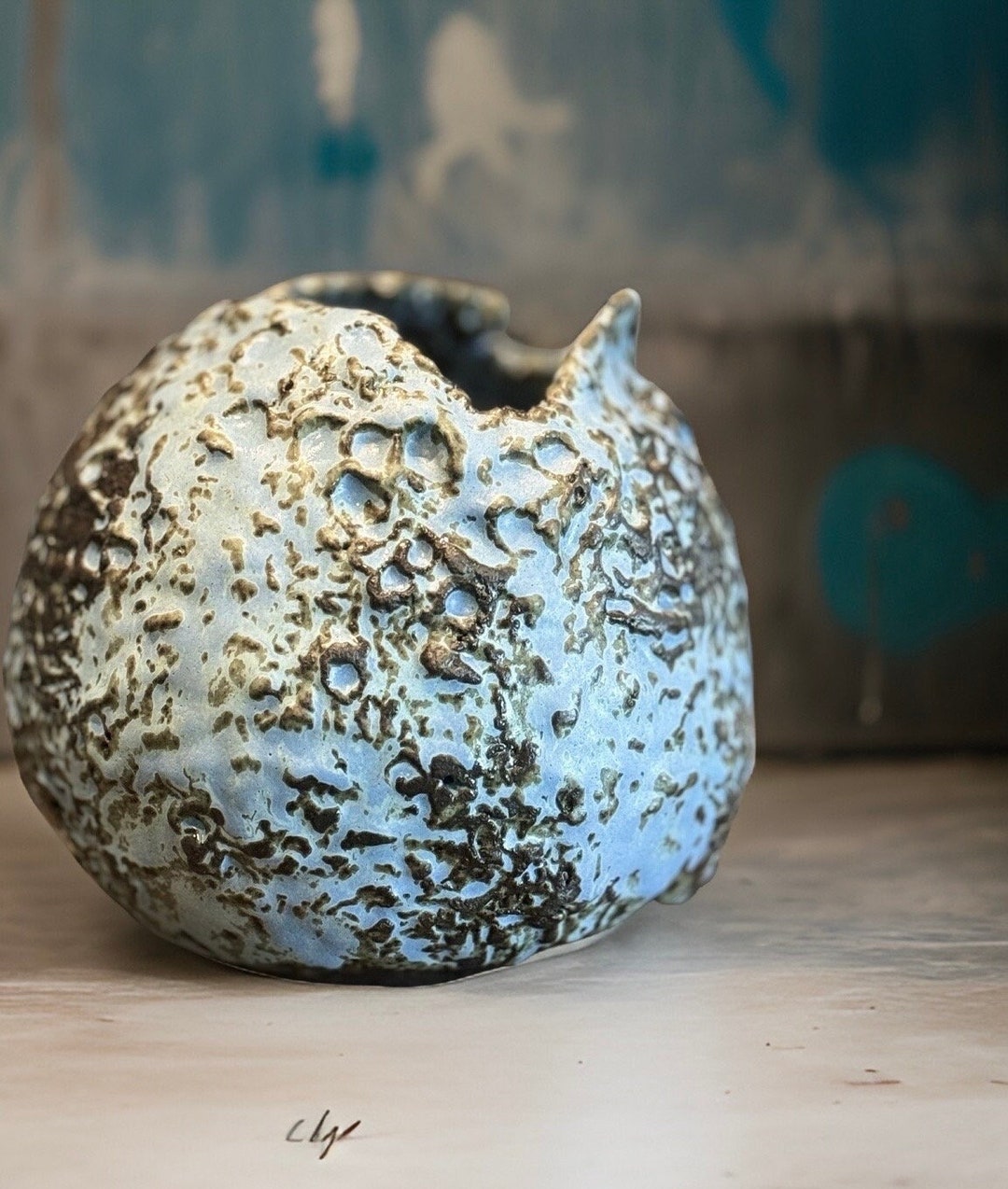 Hand-built Art Ceramic Blue/brown Rustic Textures Vase for Flower/plant ...