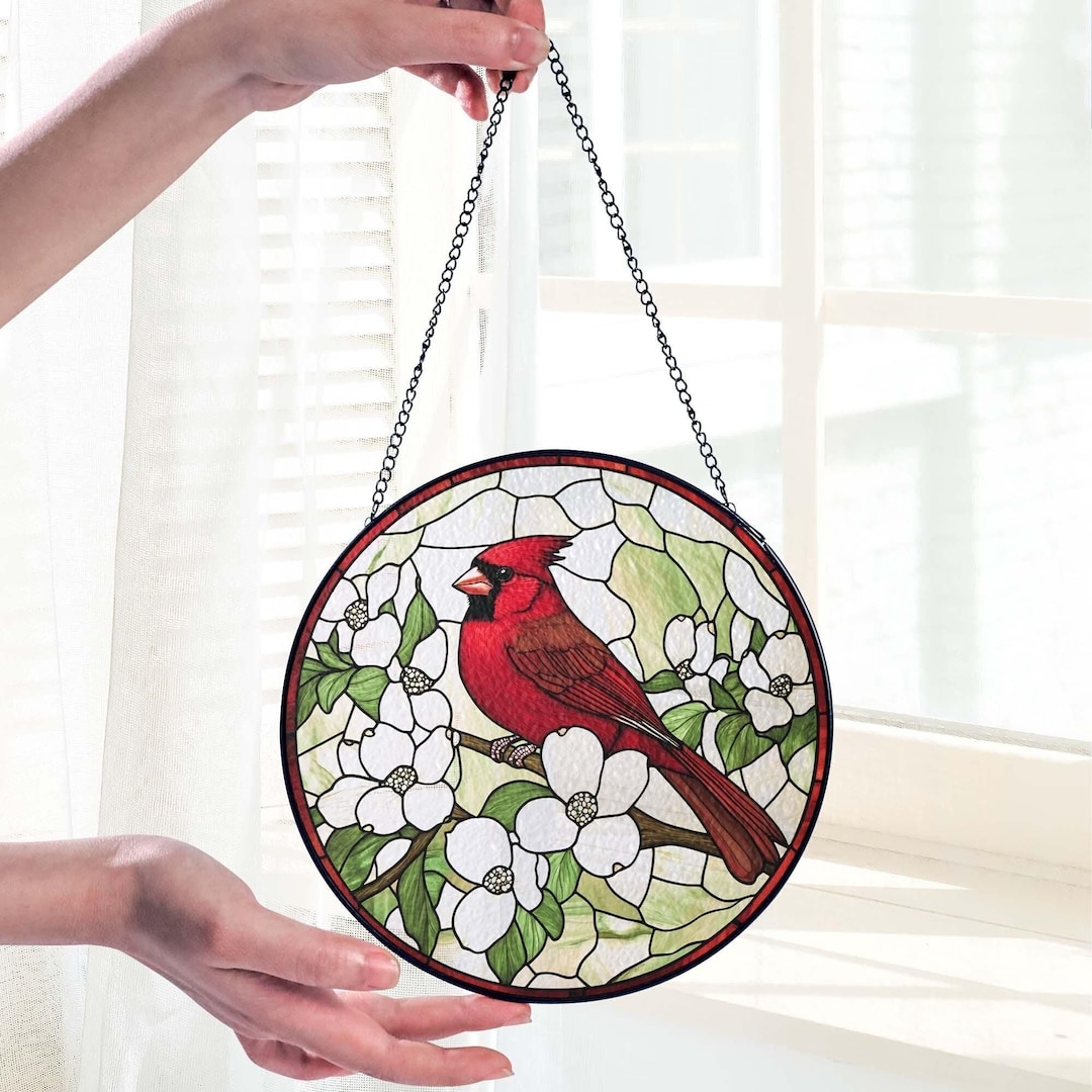 Red Cardinal Stained Glass Suncatcher, Cardinal Window Hanging Red Bird ...