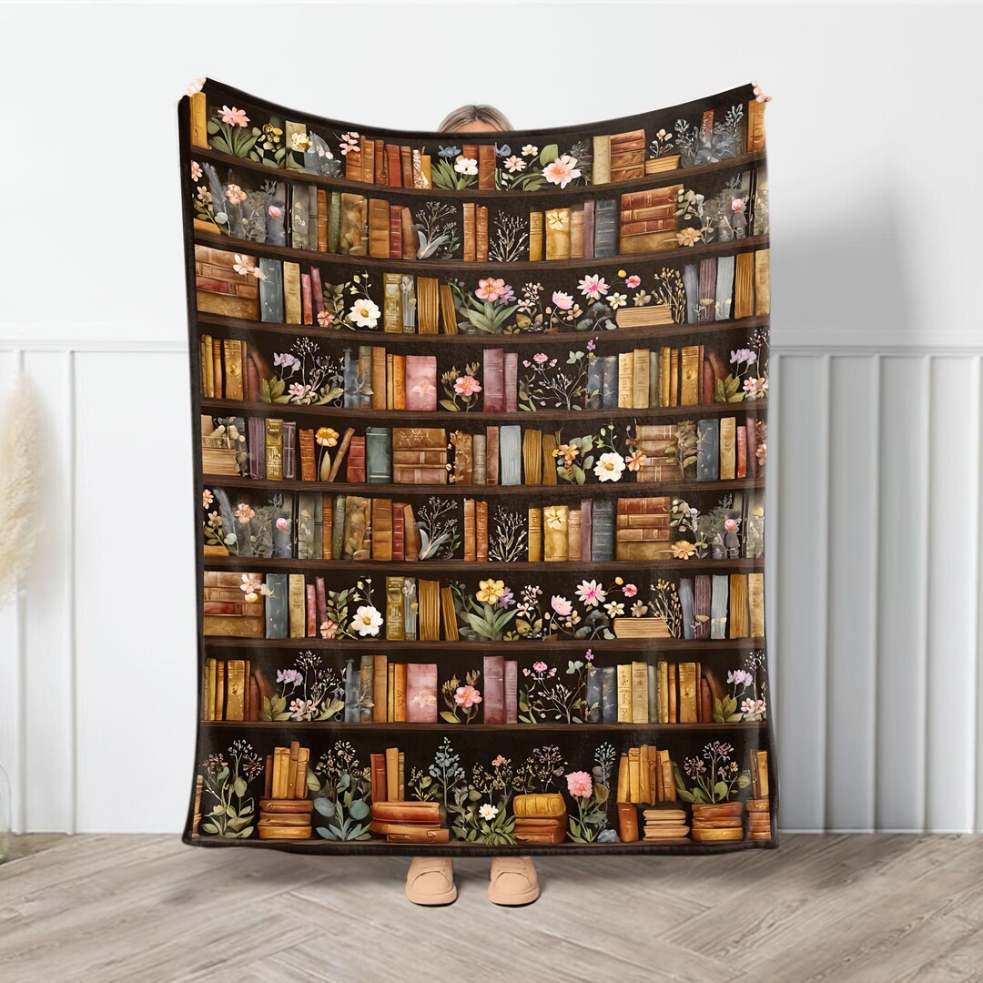 Vintage Bookshelf Library Throw Blanket Cottagecore Book Wildlowers