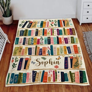 Vintage Bookshelf Library Throw Blanket, Cottagecore Book Wildlowers ...