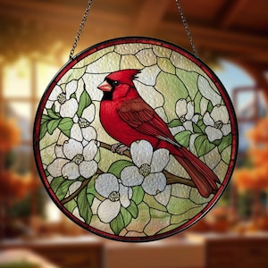 Red Cardinal Stained Glass Suncatcher, Cardinal Window Hanging Red Bird ...