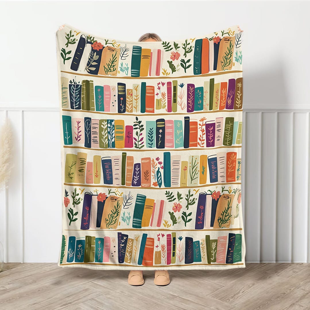 Vintage Bookshelf Library Throw Blanket Cottagecore Book Wildlowers