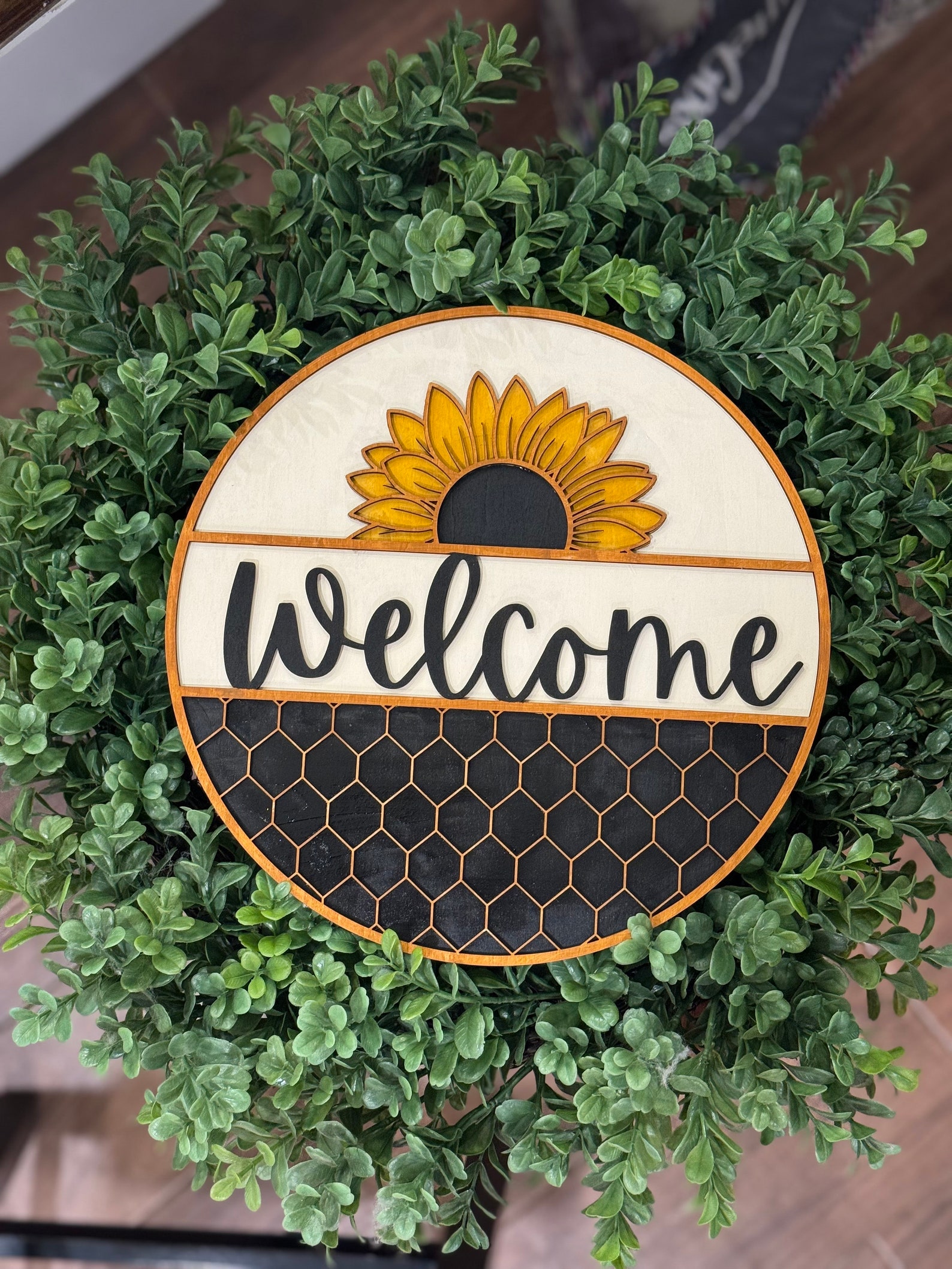Welcome Sign. Round Welcome Door Sign. Sunflower Welcome Sign. Floral ...