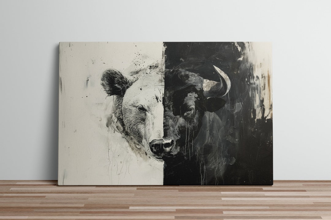 Gray Scale Bull Vs Bear Market Faces Art Print Oil Painting Half Bear Half Bull for Traders and ...