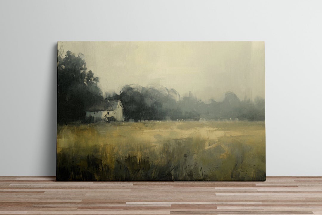 Canvas Art Print Oil Painting Rustic Farmhouse Large Green Pasture Trees Countryside Scene ...