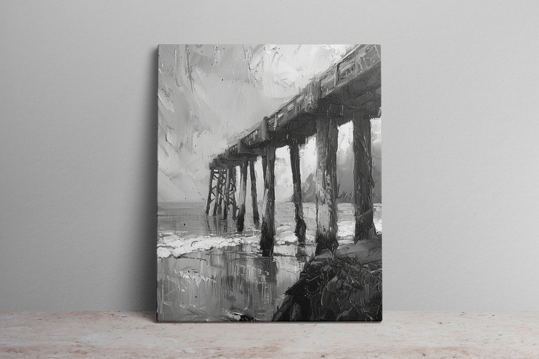 Tall Pier Over Water Canvas Art Print Oil Painting Black and White ...