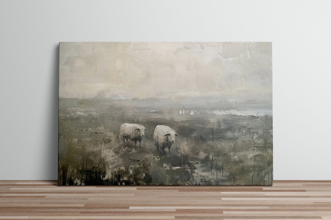 Rustic Oil Painting Two Sheep in Open Field With Lake Muted Colors ...