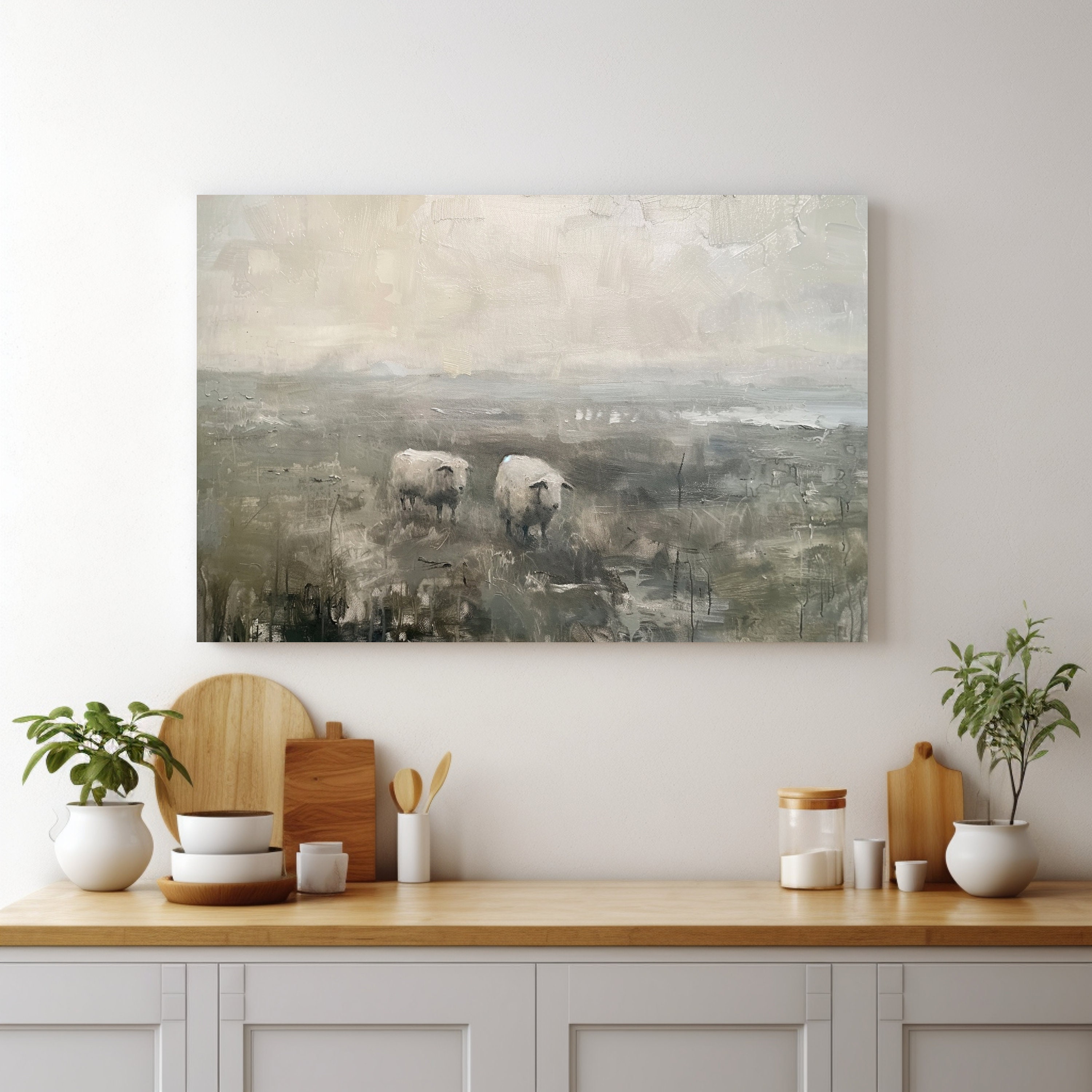 Rustic Oil Painting Two Sheep in Open Field With Lake Muted Colors ...