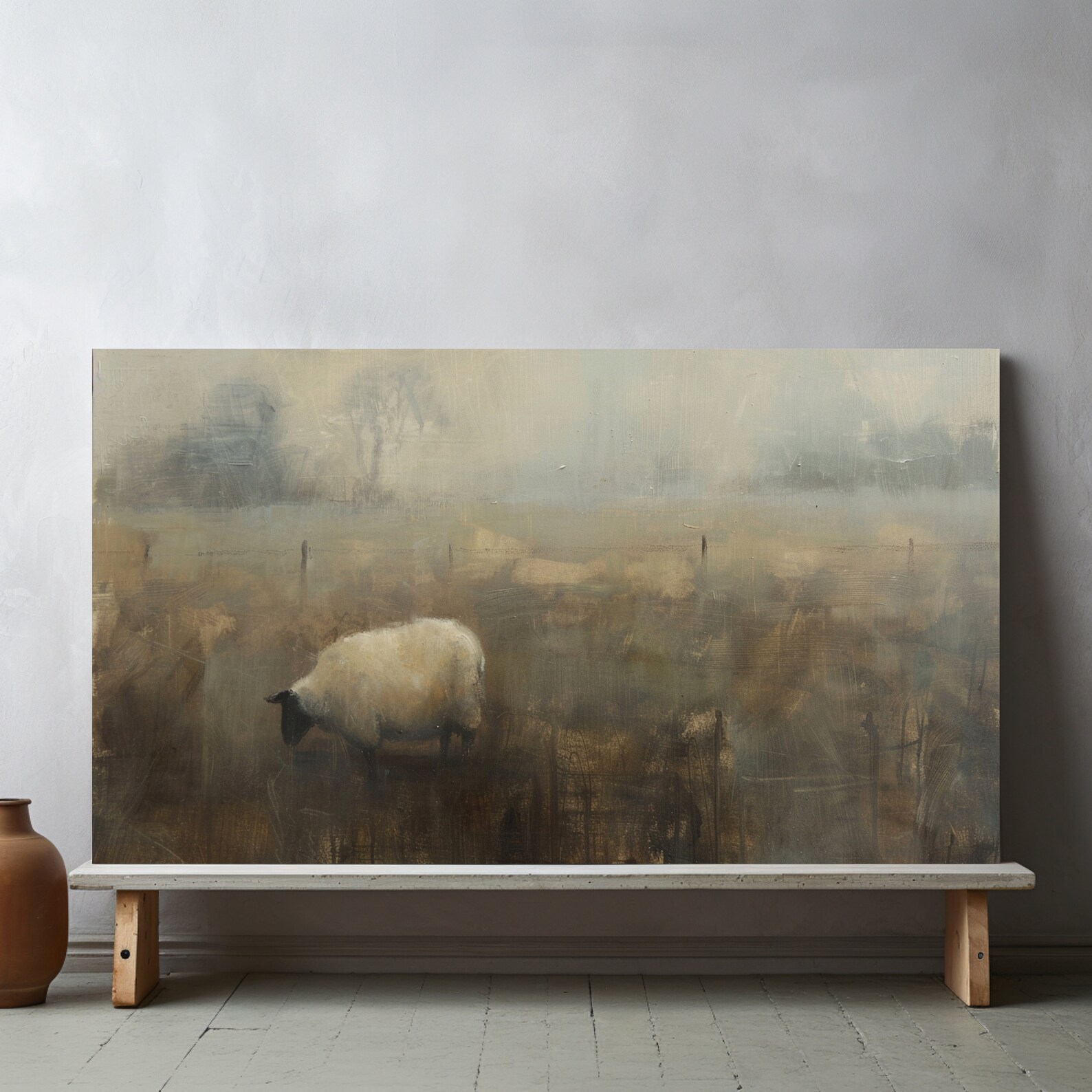 Rustic Oil Painting Sheep Grazing in Field With Trees Muted Colors ...
