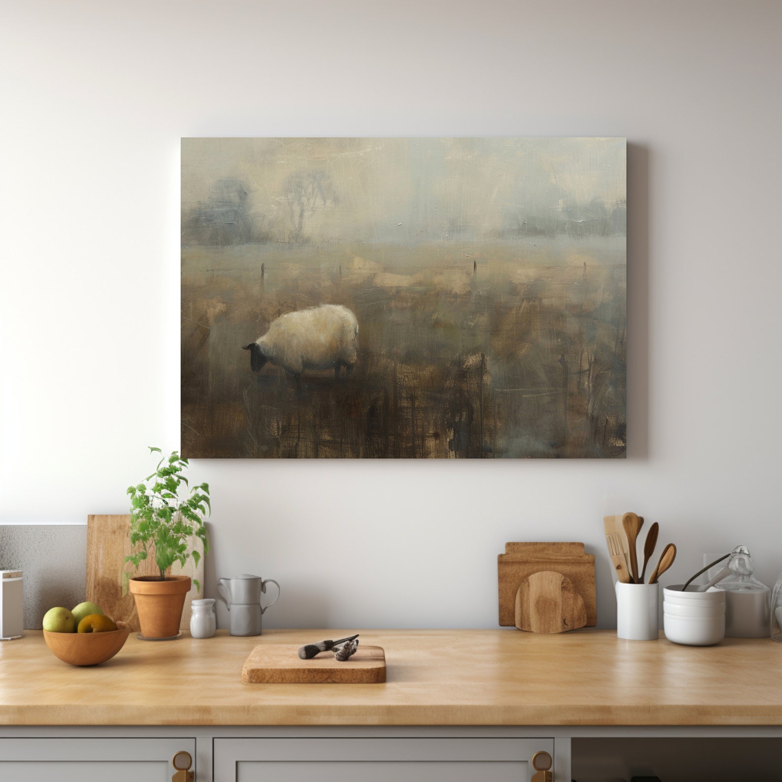 Rustic Oil Painting Sheep Grazing in Field With Trees Muted Colors ...