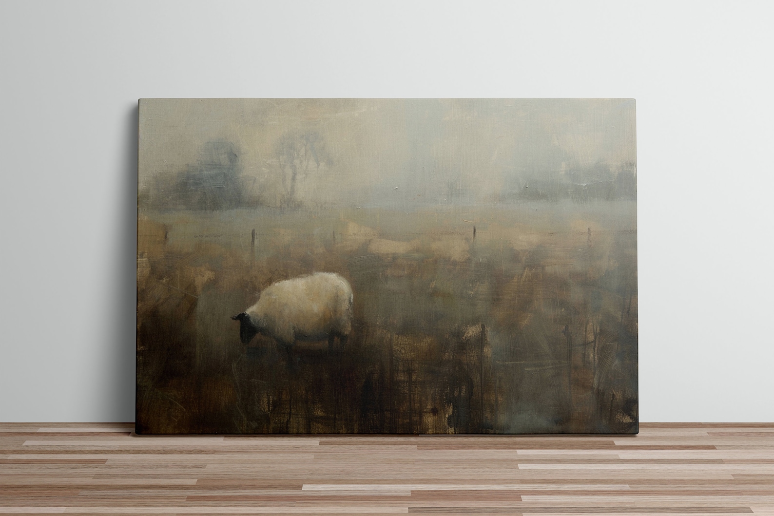 Rustic Oil Painting Sheep Grazing in Field With Trees Muted Colors ...