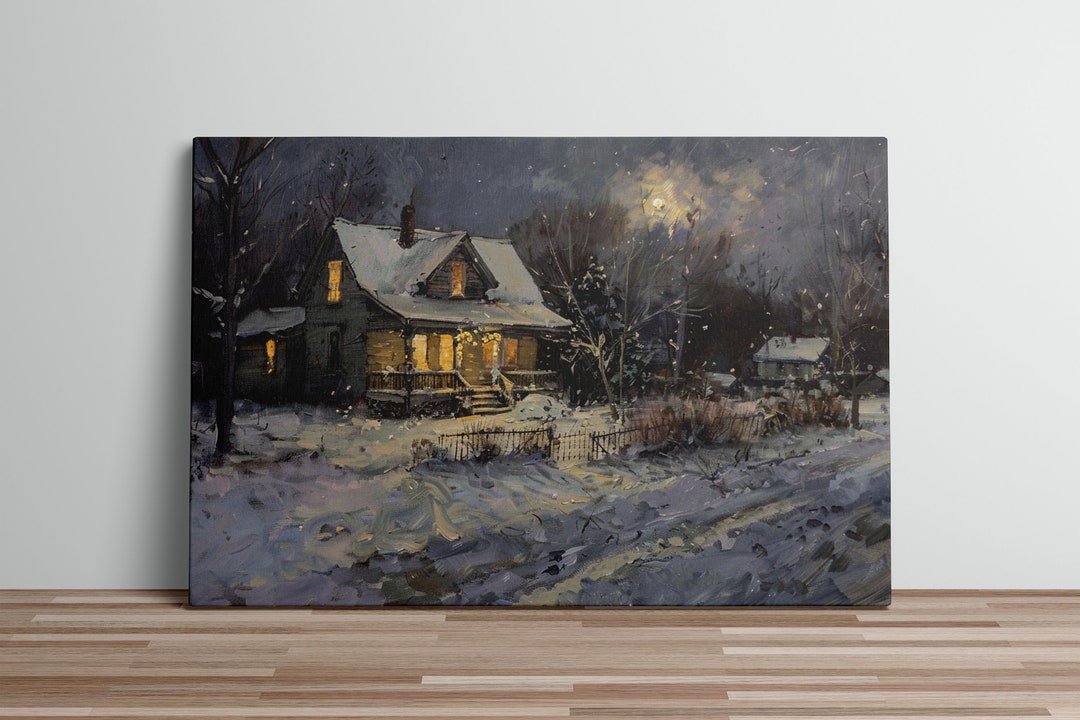 Snowy Cabin Night Scene Art Print Oil Painting Moonlit Winter Landscape ...