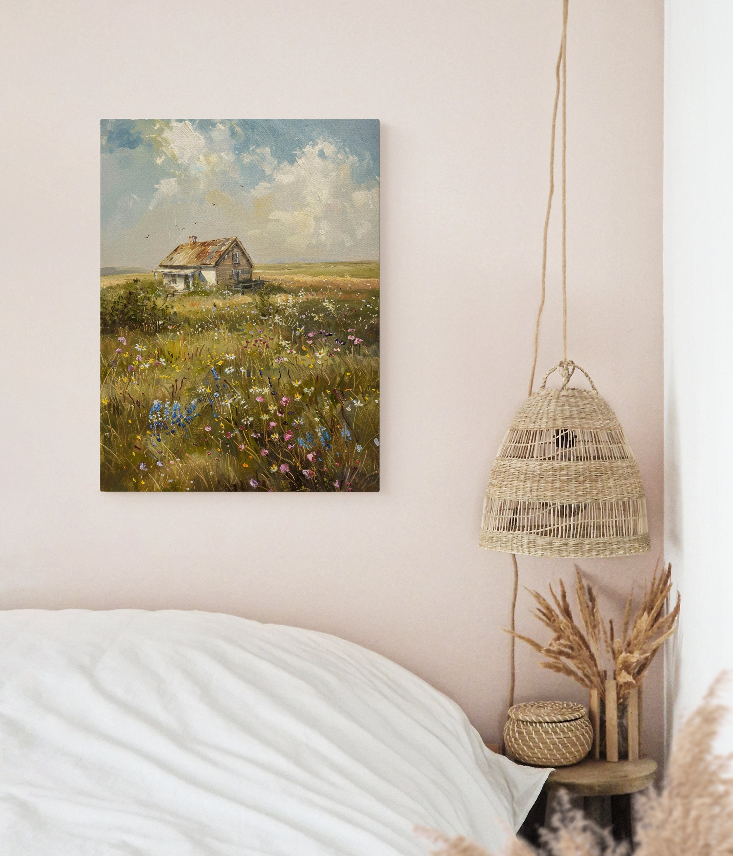 Prairie House and Flower Field Wall Decor Serene Sky and Birds Canvas ...