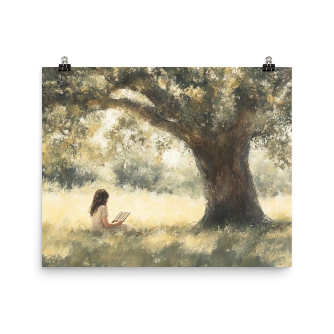 Girl Reading Under Tree Art Print Unframed Matte Open Field Forest ...