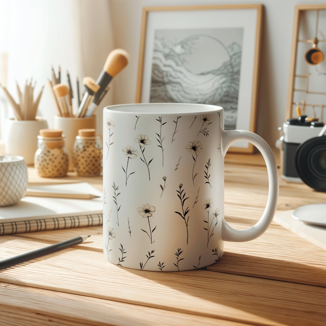 White Flower Pattern Mug Elegant Floral Pattern Mug Flower Design Cup ...