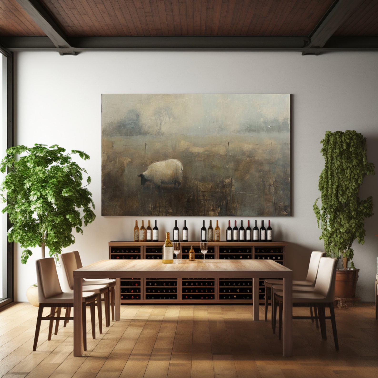 Rustic Oil Painting Sheep Grazing in Field With Trees Muted Colors ...