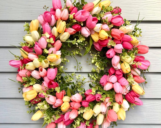 Spring Tulip Wreath for Front Door, Pink Tulip Wreath, Mother's Day ...