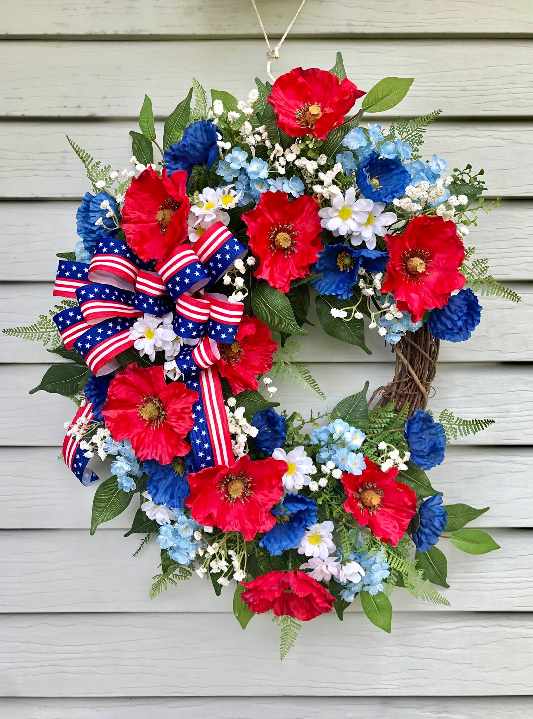 Patriotic Poppy Wreath for Front Door, Memorial Day Wreath, July 4th ...