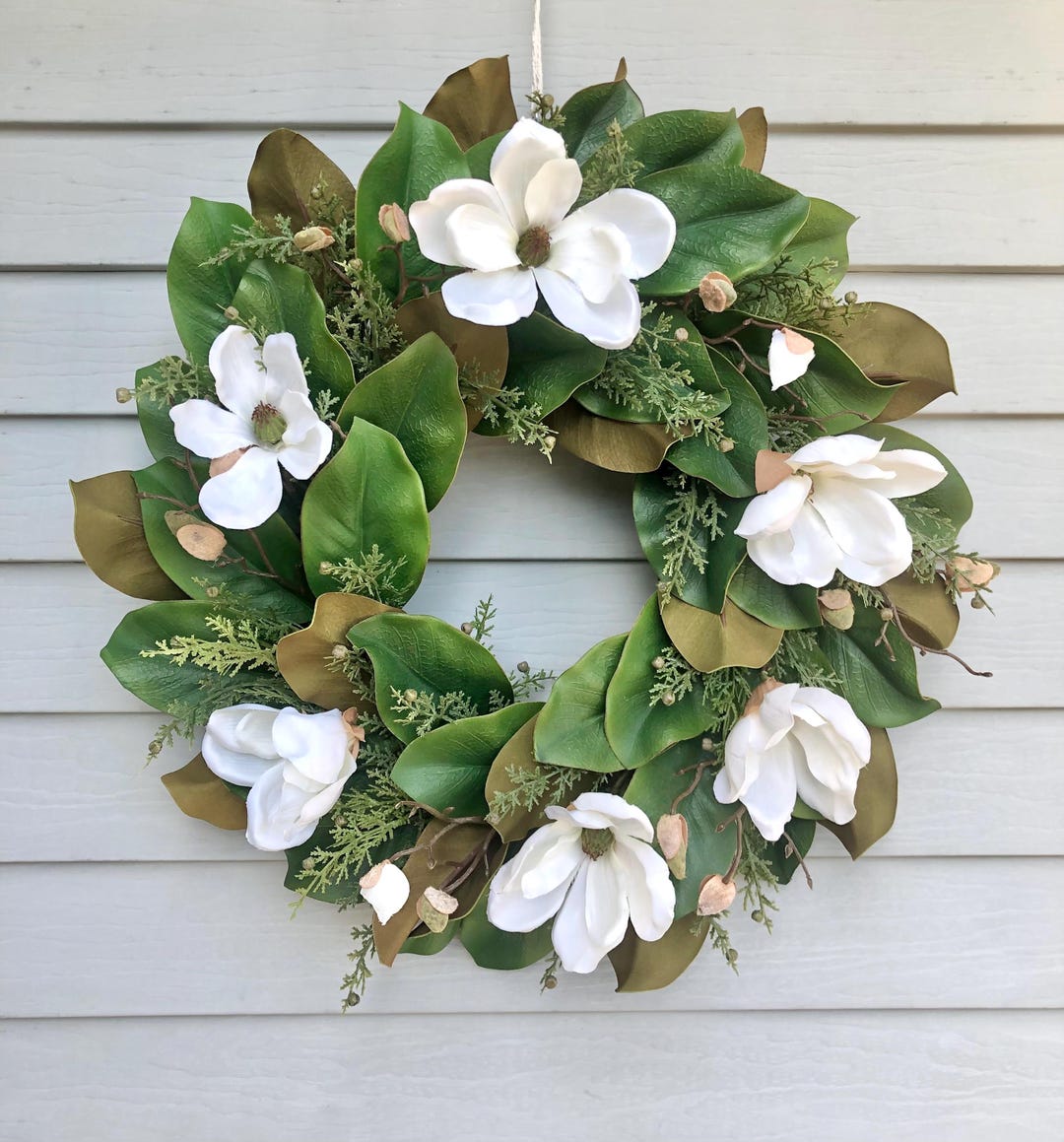 Magnolia Leaf Wreath, Cedar & White Blooms, Year Round Front Door Decor ...