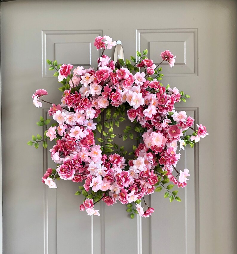 Pink Cherry Blossom Wreath for Front Door, Spring Sakura Cherry Wreath ...