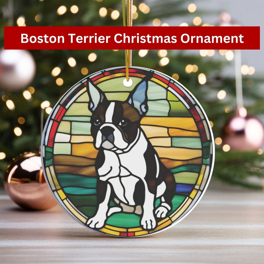 Boston Terrier Christmas Ornament Ceramic W Stained Glass Design Print ...