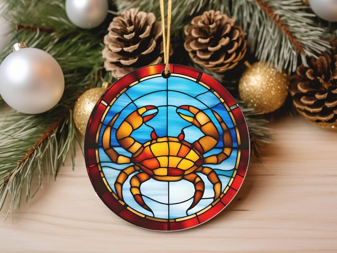 Crab Christmas Ornament Ceramic W Stained Glass Print Vacation Ornament ...