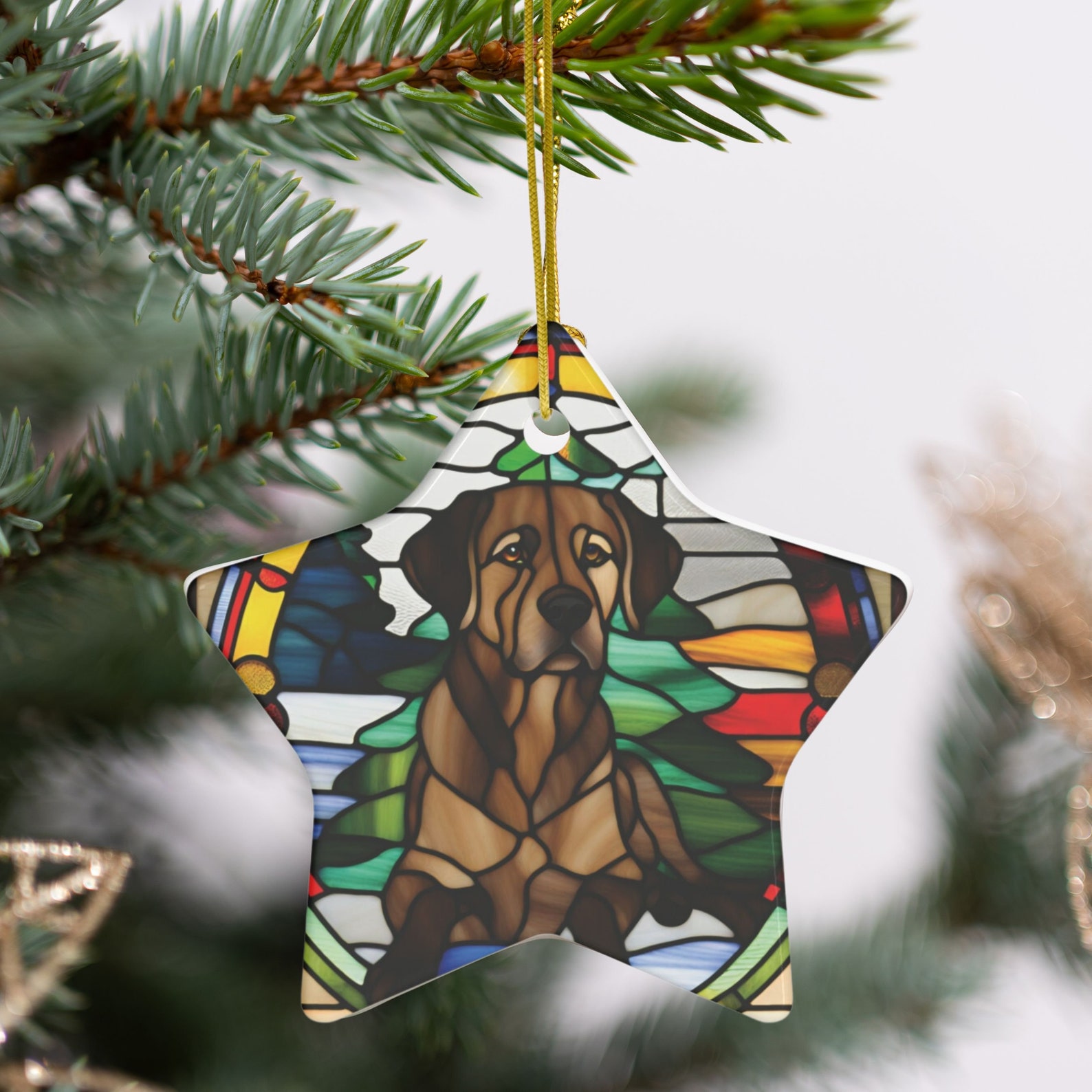 Chocolate Lab Christmas Ornament Ceramic W Faux Stained Glass Design ...