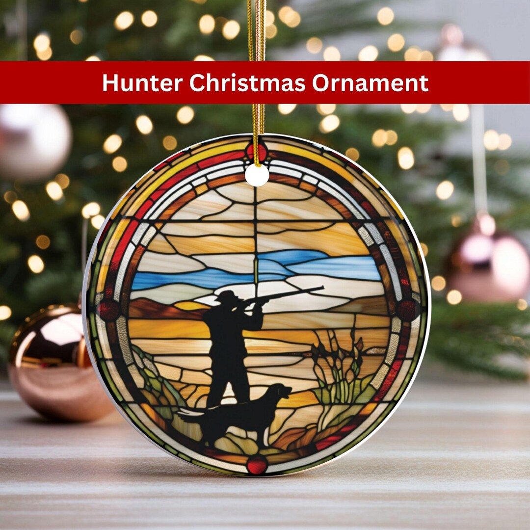Hunter Christmas Ornament Ceramic W Stained Glass Design Print Pheasant ...