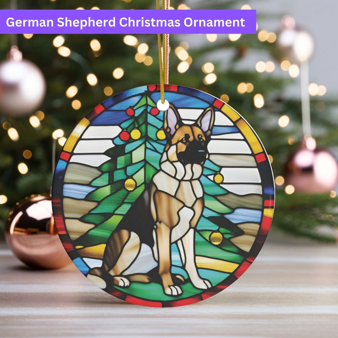 German Shepherd Christmas Ornament Ceramic W Stained Glass Design Print ...