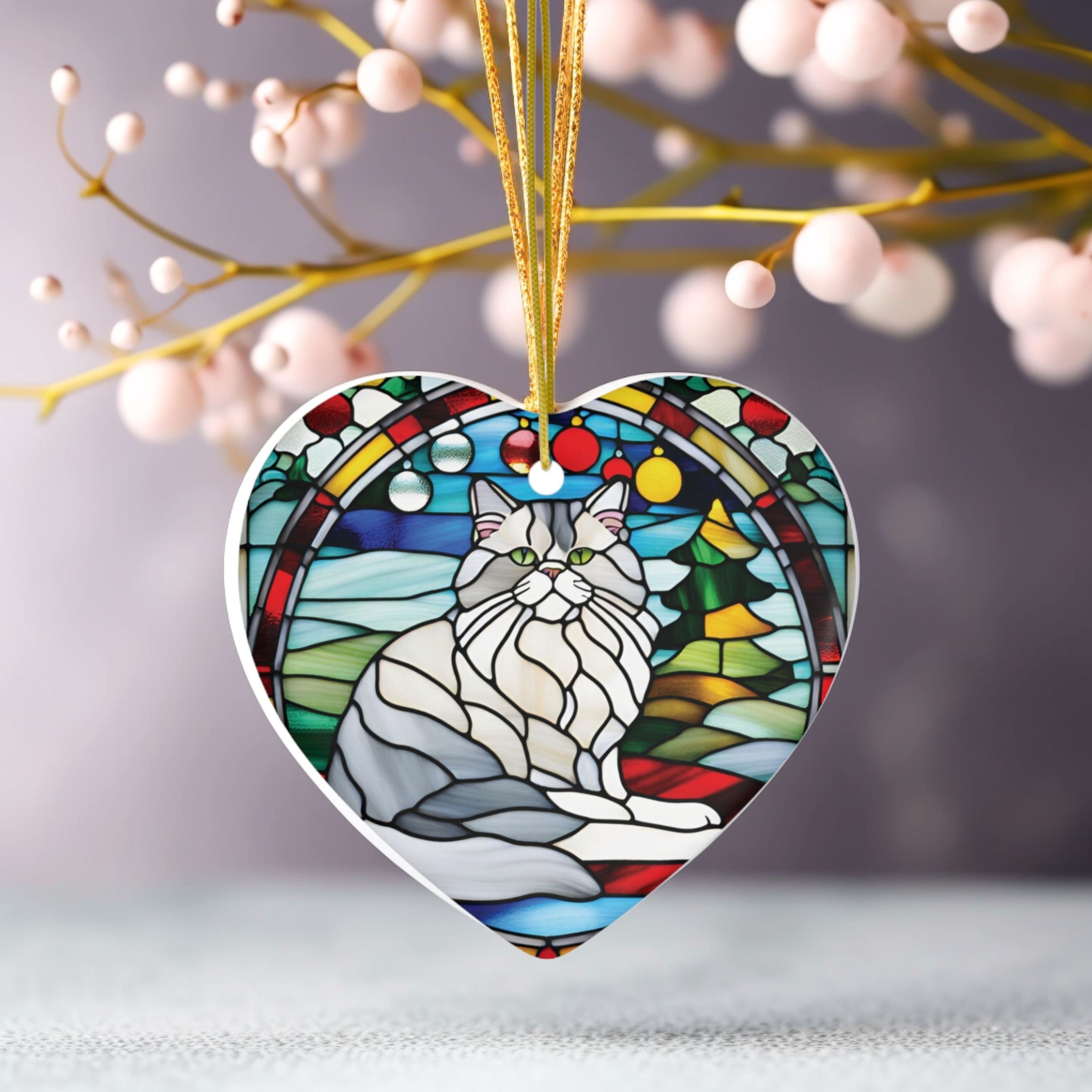 Grey Cat Christmas Ornament Ceramic W Stained Glass Design Print Fat ...