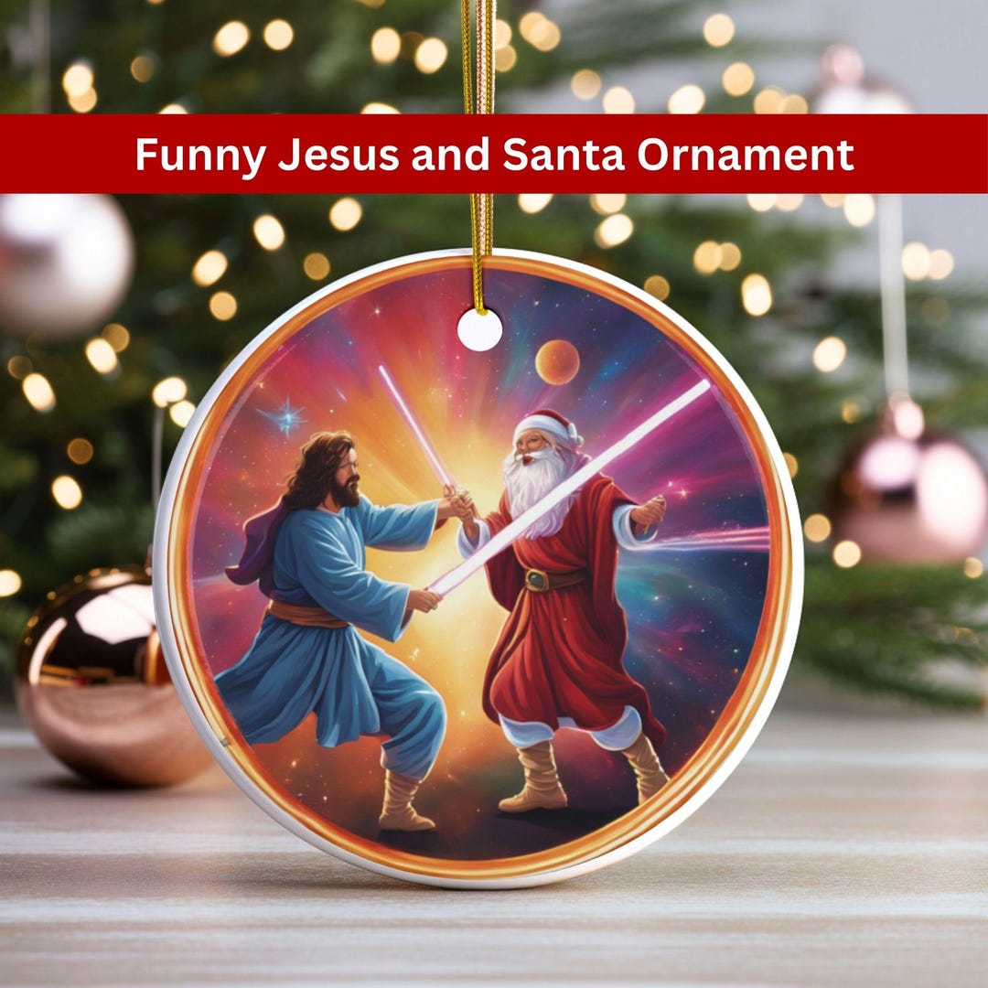 Funny Santa and Jesus Christmas Ornament Ceramic W Mystical Design ...