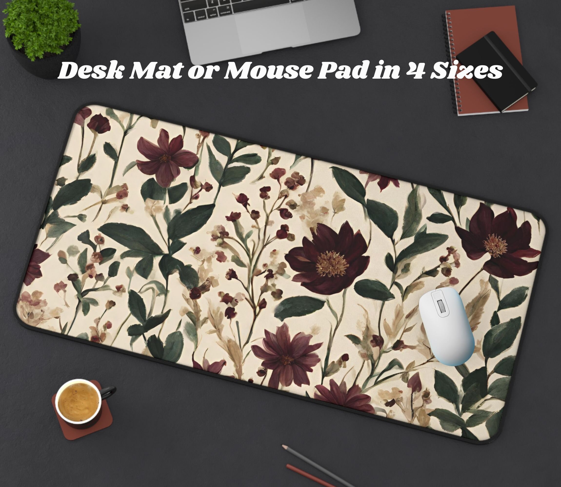 Cottagecore Gaming Mouse Pad Burgundy Cream Green Desk Mat Flowers ...