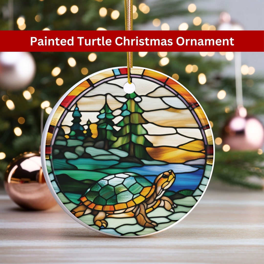 Painted Turtle Christmas Ornament Ceramic W Stained Glass Design Print ...