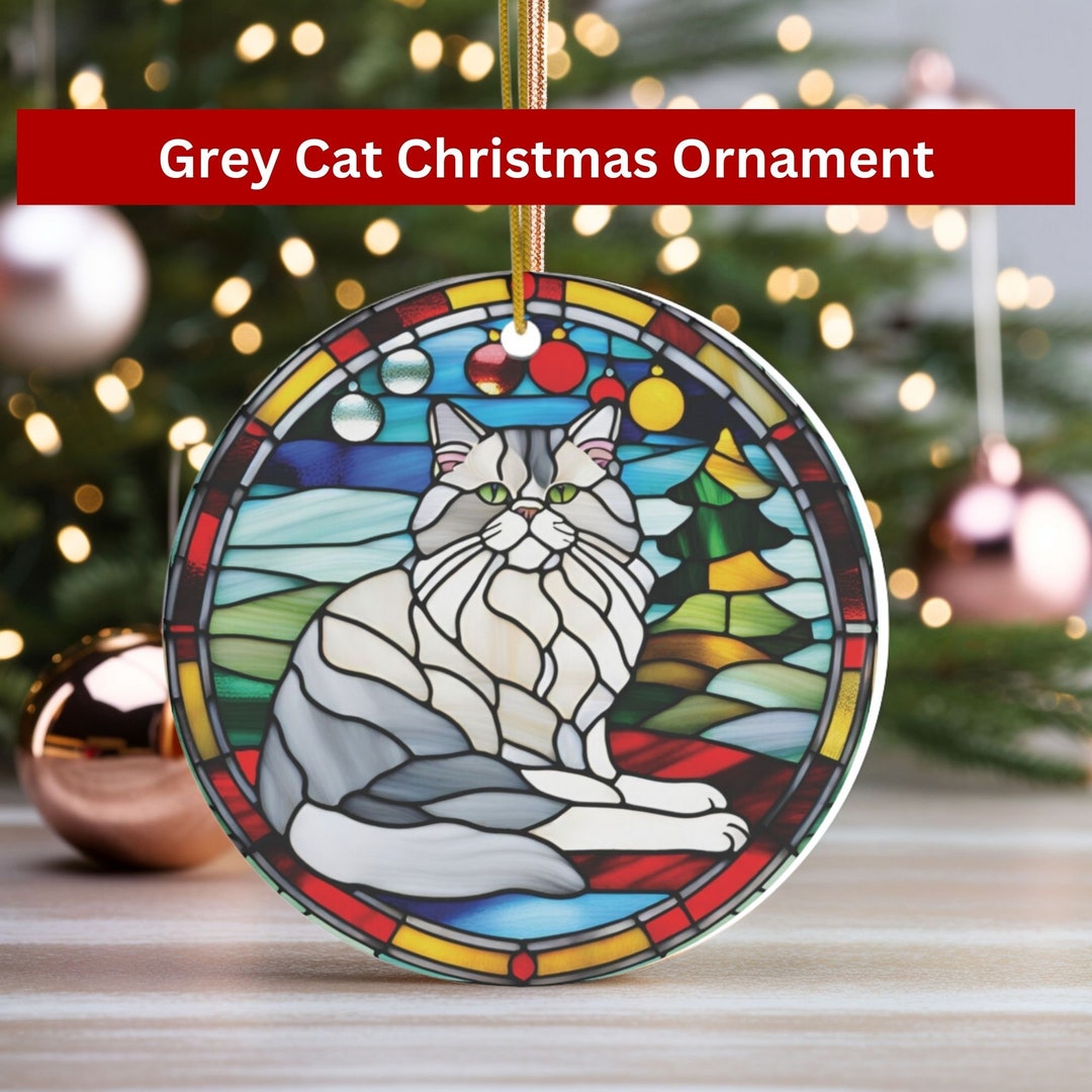 Grey Cat Christmas Ornament Ceramic W Stained Glass Design Print Fat ...