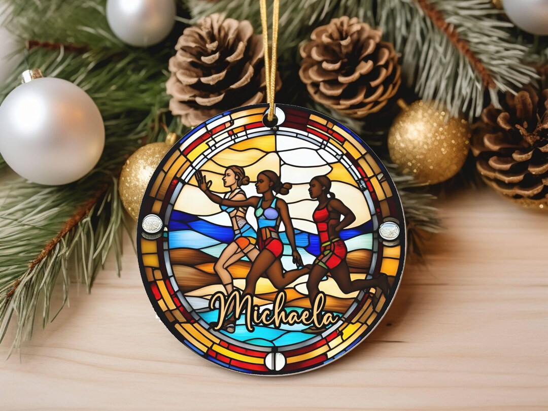 Personalized Runner Christmas Ornament Ceramic W Stained Glass Print ...