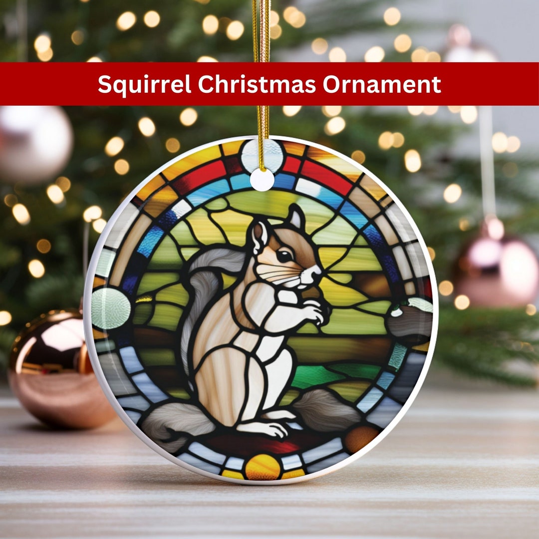 Squirrel Christmas Ornament Ceramic W Stained Glass Design Print Brown Ground Squirrel Ornament ...