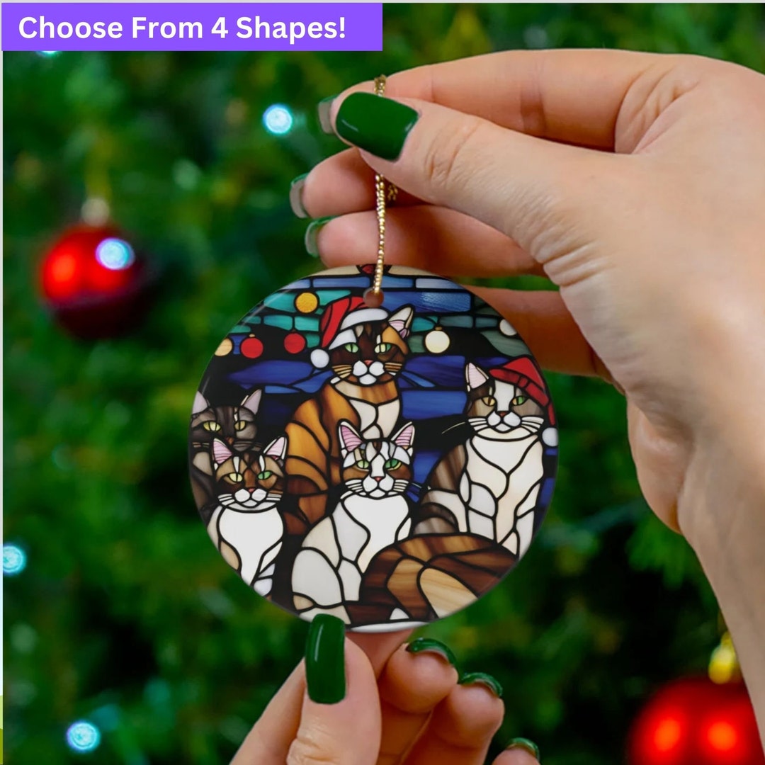 Cats Christmas Ornament Ceramic W Stained Glass Design Print Ornament ...