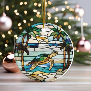 Green Sea Turtle Christmas Ornament Ceramic W Stained Glass Design ...