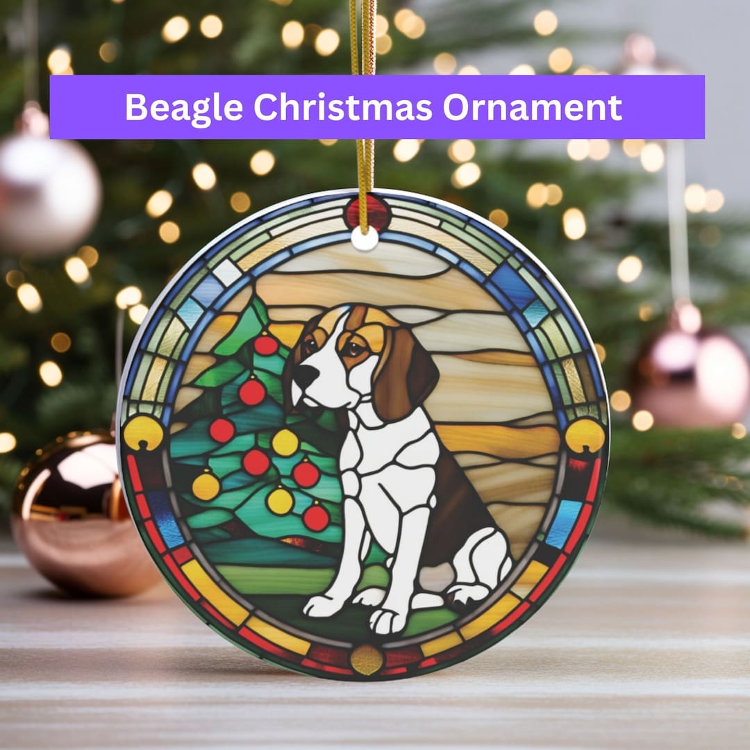 Beagle Christmas Ornament Ceramic W Stained Glass Design Print Hound ...