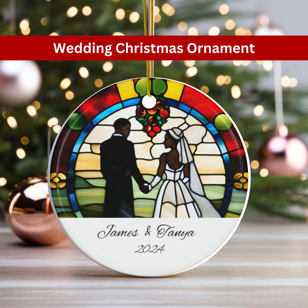 Personalized Wedding Christmas Ornament Ceramic W Stained Glass Design ...